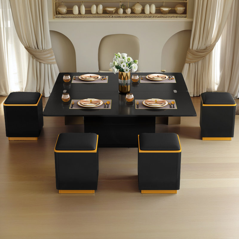 Mercer41 Lift-Top Coffee Table with 4 Storage Stools - 47.2" Multi-Functional Convertible Table ...